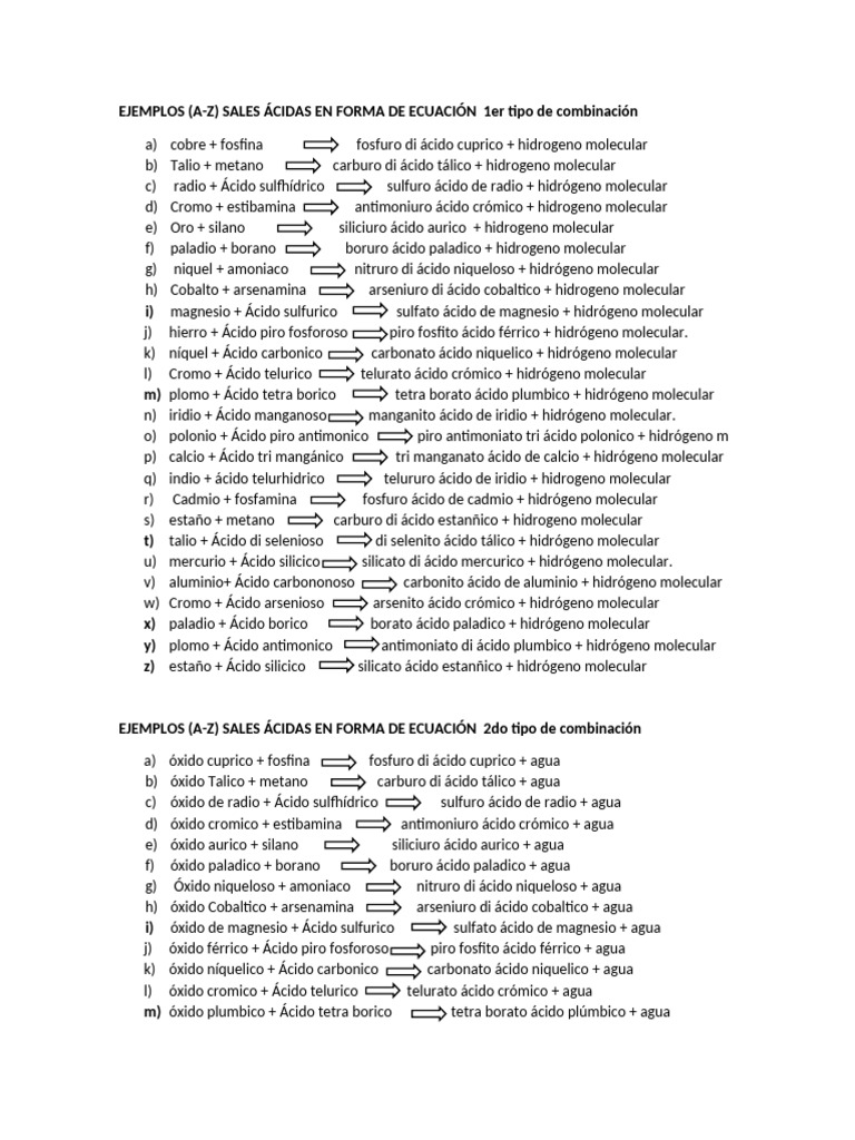 Ejemplos ( a -z) Sales Ácidas | PDF | Sal (química) | Ácido