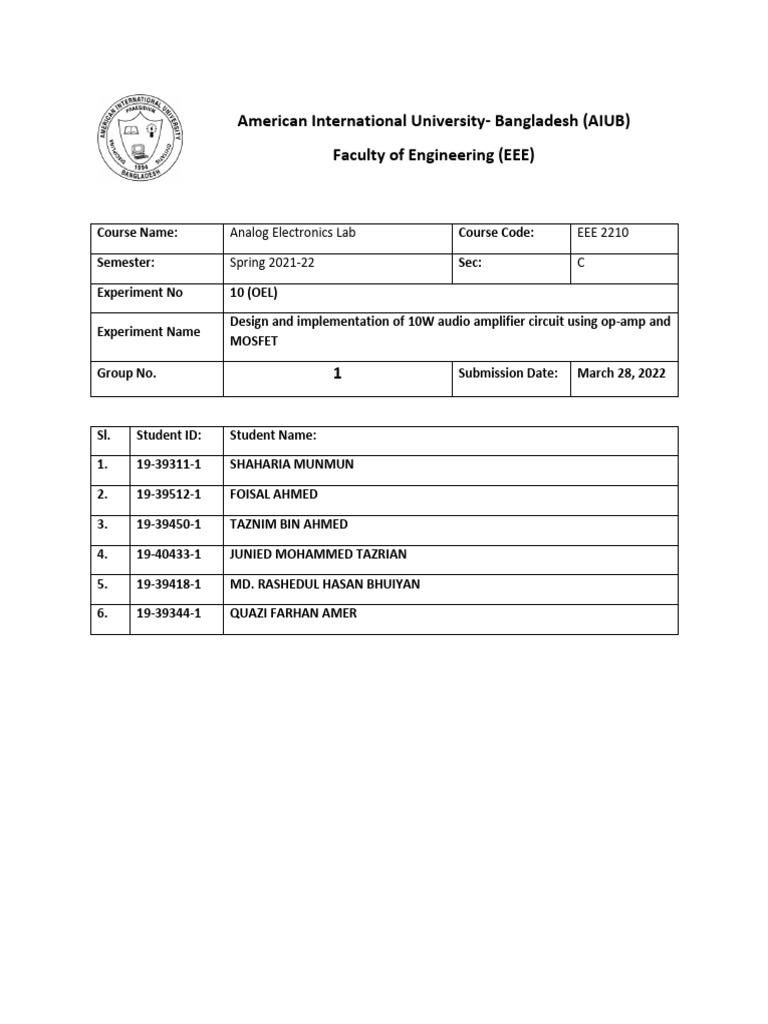 AE Lab Report 10-OEL Group 1 PDF | PDF | Amplifier | Operational Amplifier