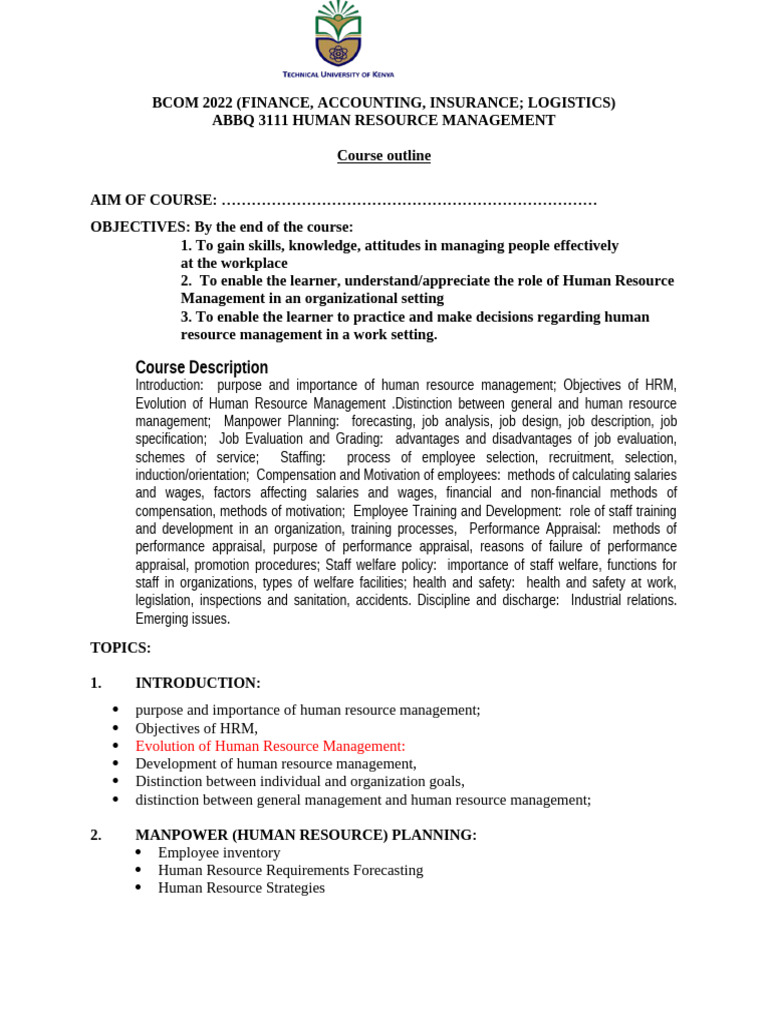 Bcom 2022 HRM Course Outline 2 | PDF | Human Resource Management ...