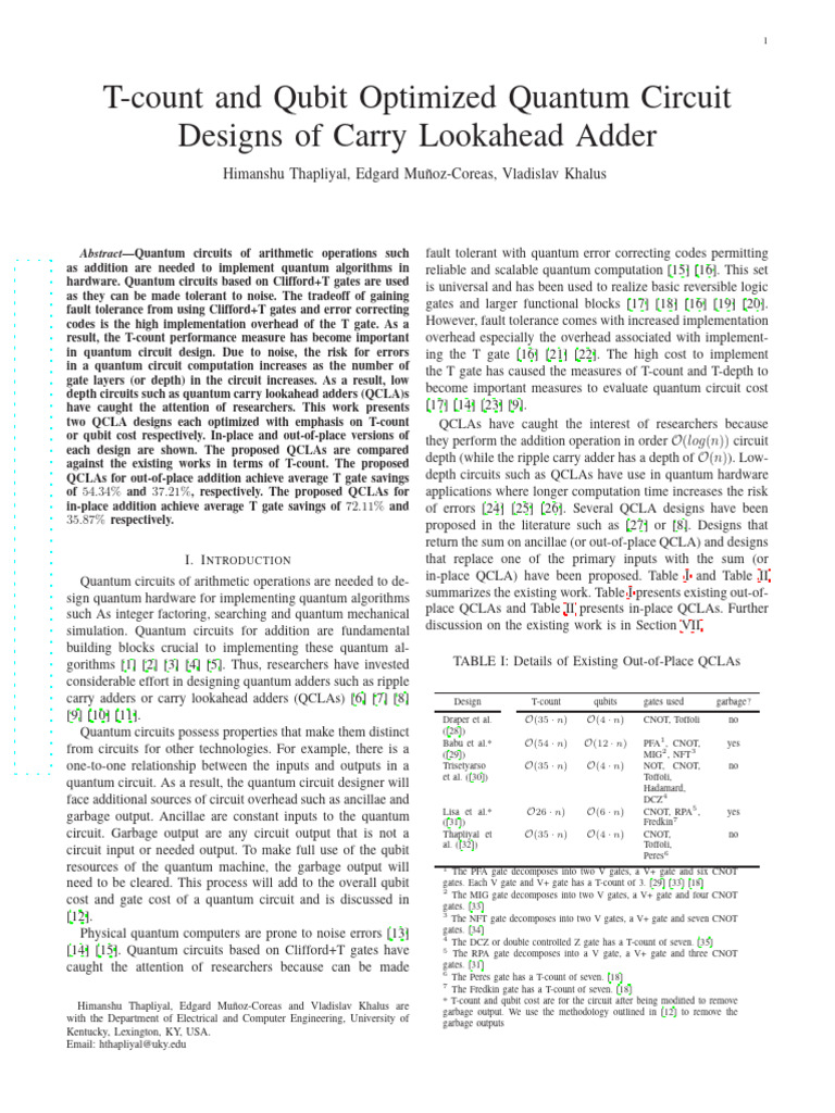 2004.01826 T-count and Qubit Optimized Quantum Circuit Designs of Carry Lookahead Adder | PDF ...
