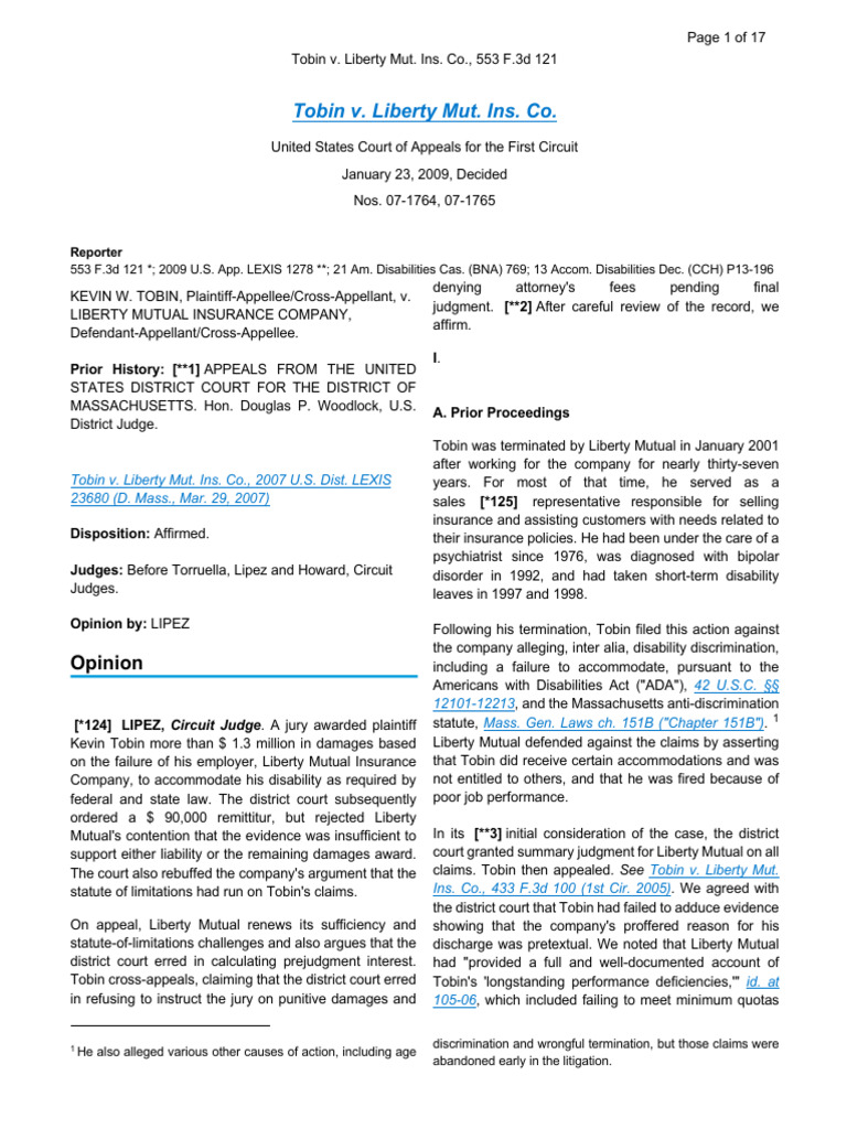 Tobin v. Liberty Mut. Ins. Co. - 553 F.3d 121 | PDF | Americans With ...