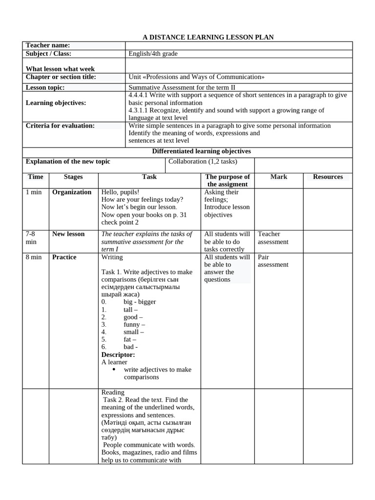 4th Grade English Distance Learning Plan | PDF | Learning | Behavior ...