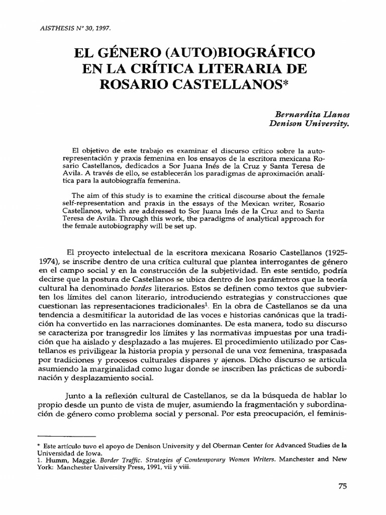 El Genero (Auto) Biografico en La Critica Literaria de Rosario ...