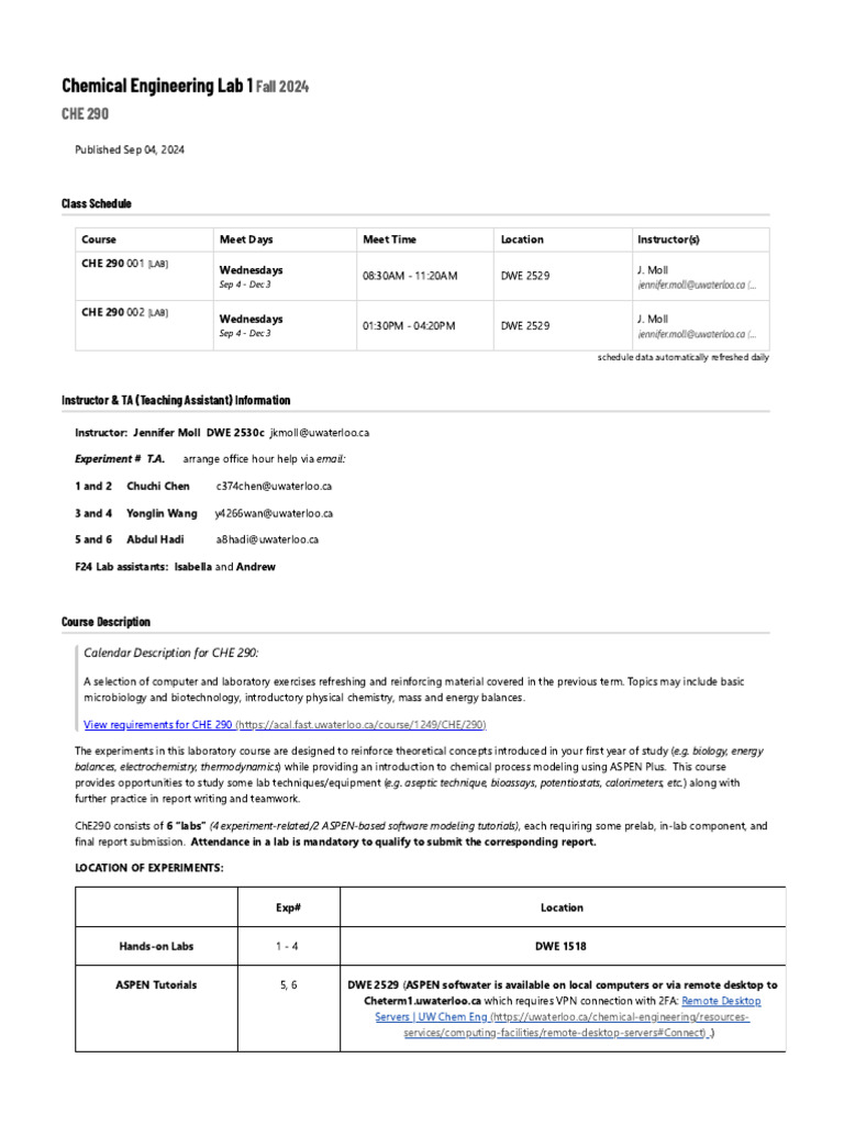 ChE290 F24 Course Outline - Chemical Engineering Lab 1 | PDF
