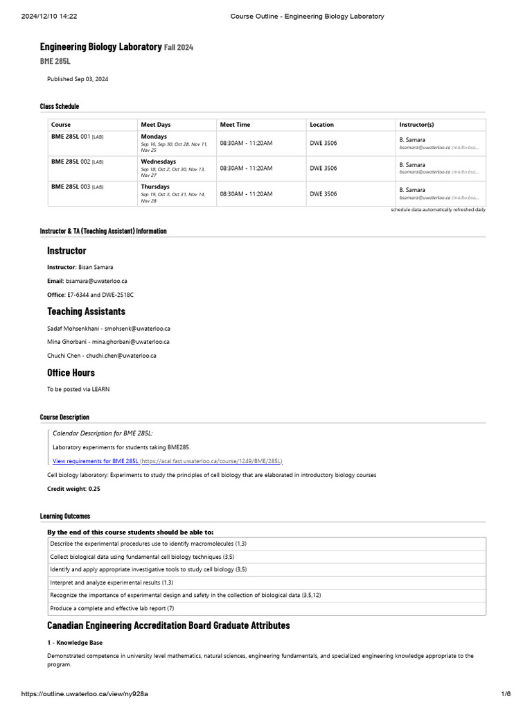 BME285L F24 Course Outline - Engineering Biology Laboratory | PDF | Turnitin | Academic Integrity