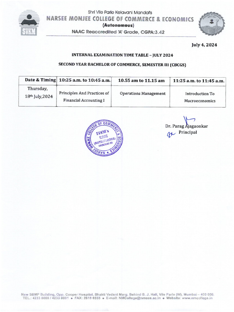 Internal Examination Time Table Sem III July 2024 | PDF