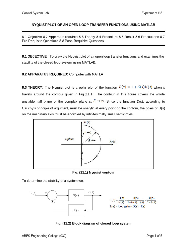 Expt 8 Nyquist Plot Of An Open Loop Transfer Functions Using Matlab