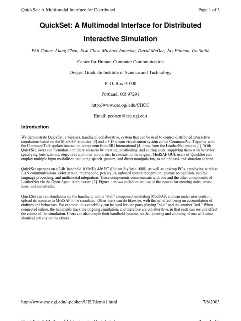 Quickset: A Multimodal Interface For Distributed Interactive Simulation | PDF | Simulation ...