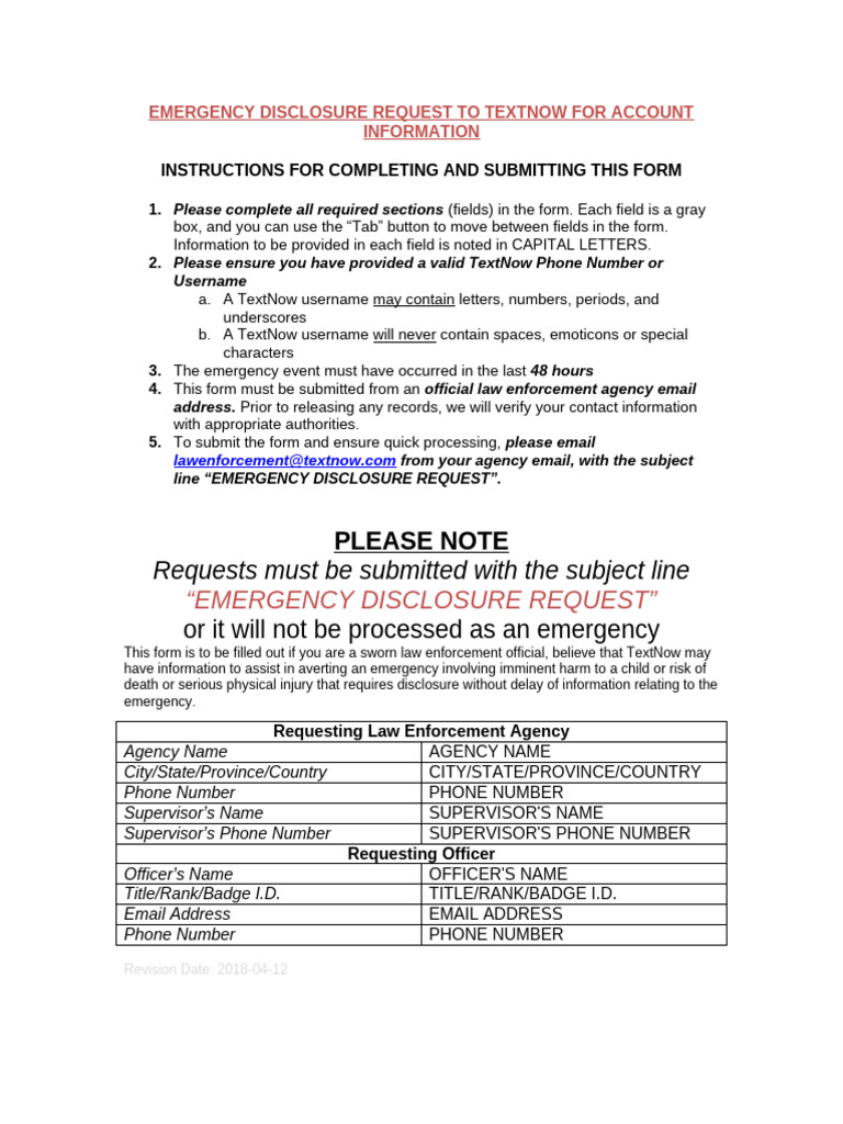 TextNow Emergency Disclosure Request Form | PDF | Justice | Crime ...