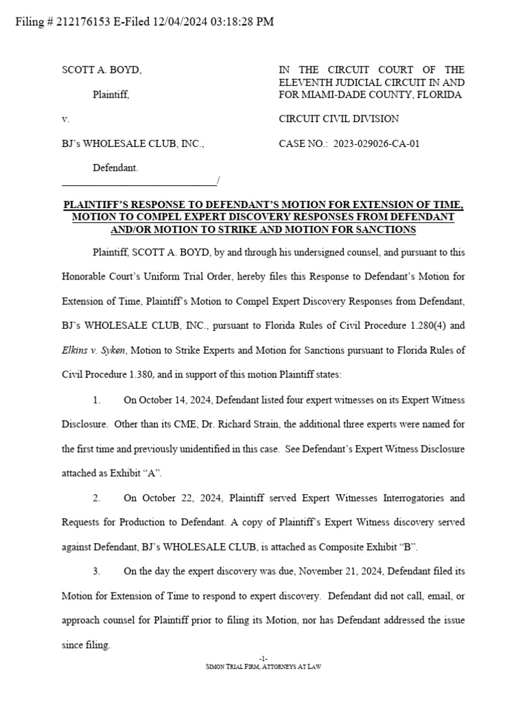 P's Resp to D's Motion for Ext of Time Motion to Compel Expert Disco ...