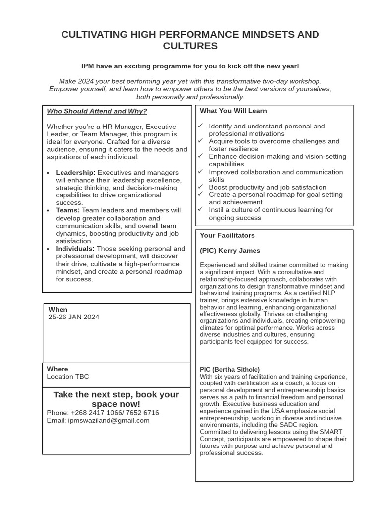 CULTIVATING HIGH PERFORMANCE MINDSETS AND CULTURES-brochure Content | PDF | Mindset | Leadership