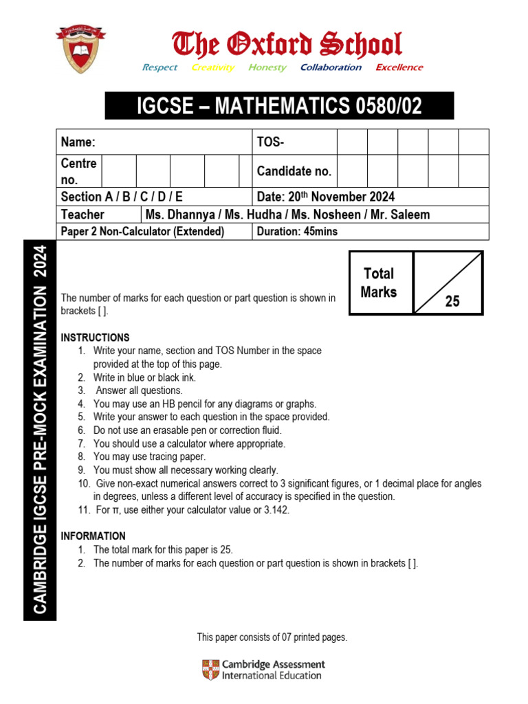 Igcse Pre - Mock - 1 P2 2024-1 | PDF | Mathematics