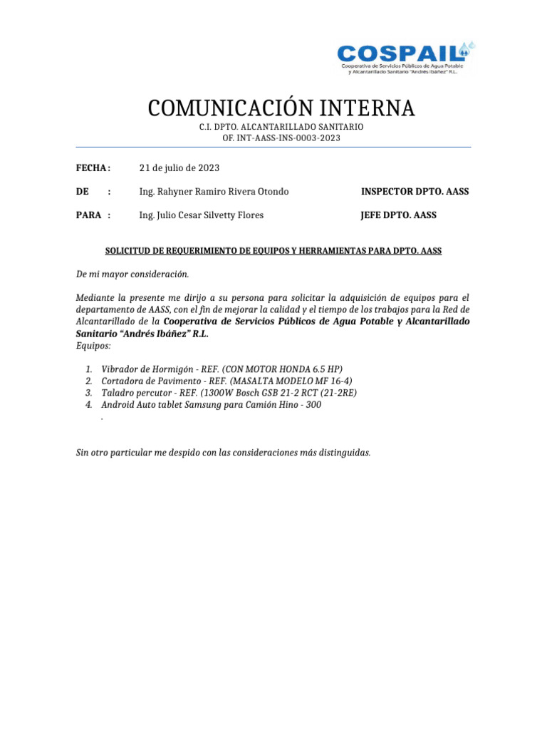 Requerimiento de Equipos y Herramientas Aass Of. Int-Aass-Ins-0002-2023 | PDF