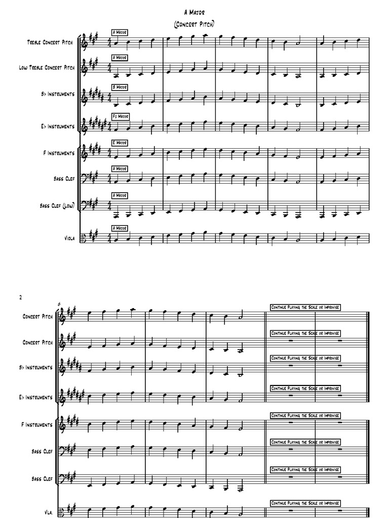 Treble Concert Pitch: A Major | PDF | Clef | Music Theory