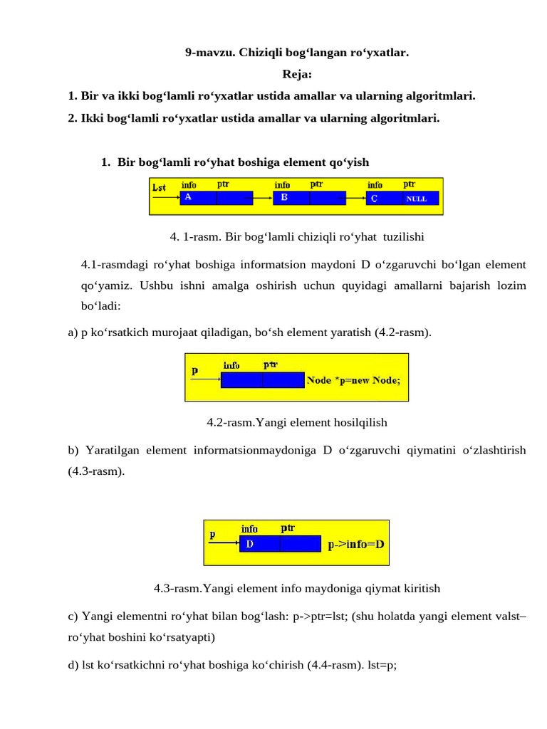 9-Mavzu. Chiziqli Bog Langan Ro Yxatlar. Reja - Bir Va Ikki Bog L | PDF