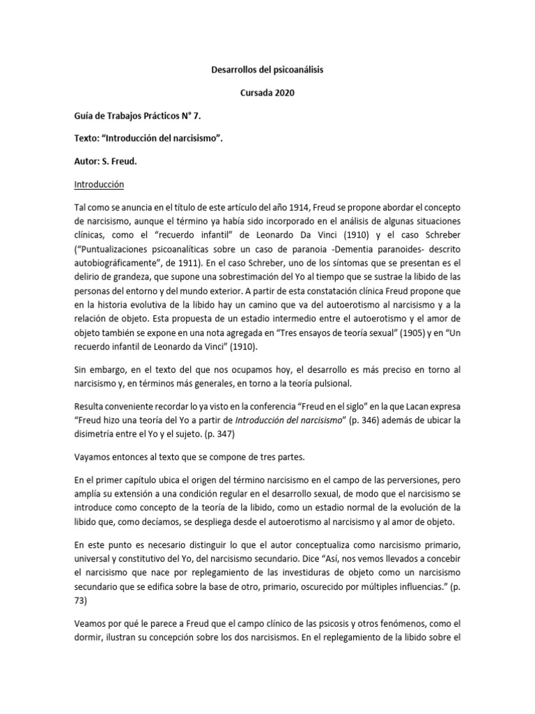 Practico N° 7 Int Narcisismo | PDF | Libido | Psicoanálisis