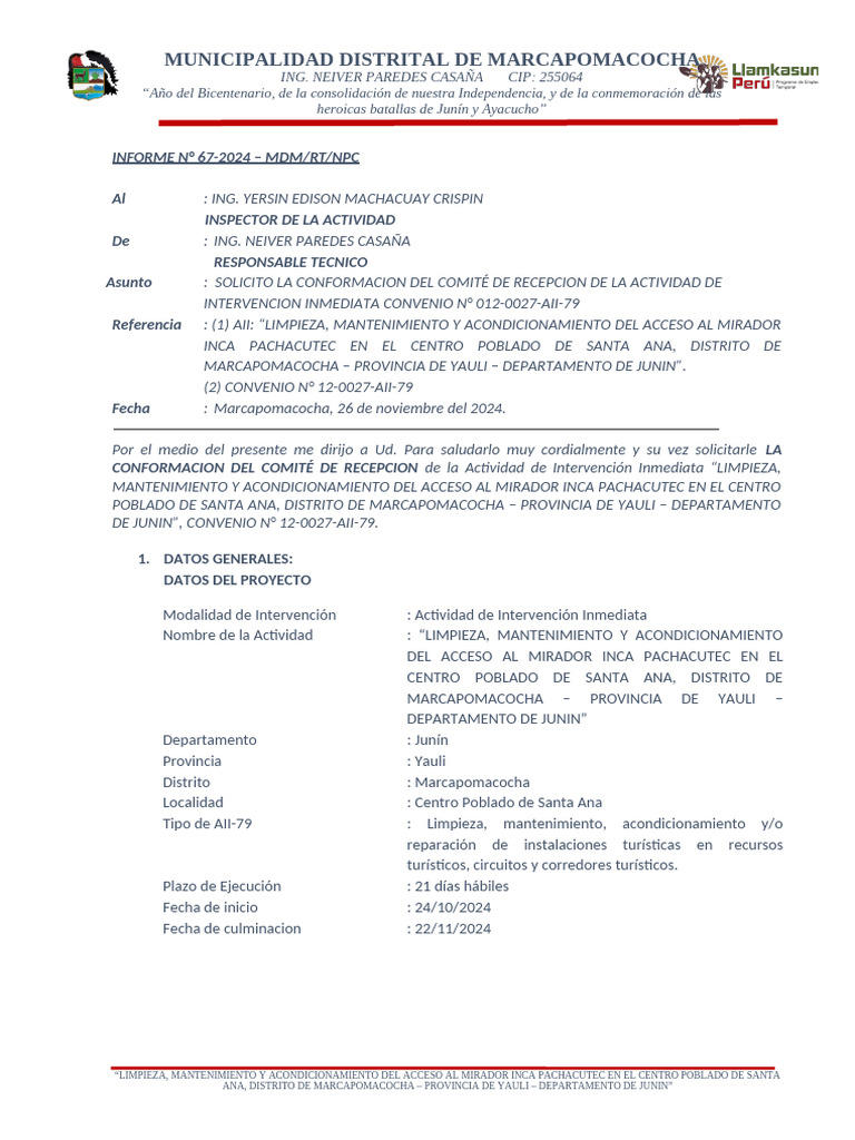 Informe Conformacion de Comite de Recepcion de Actividad | PDF