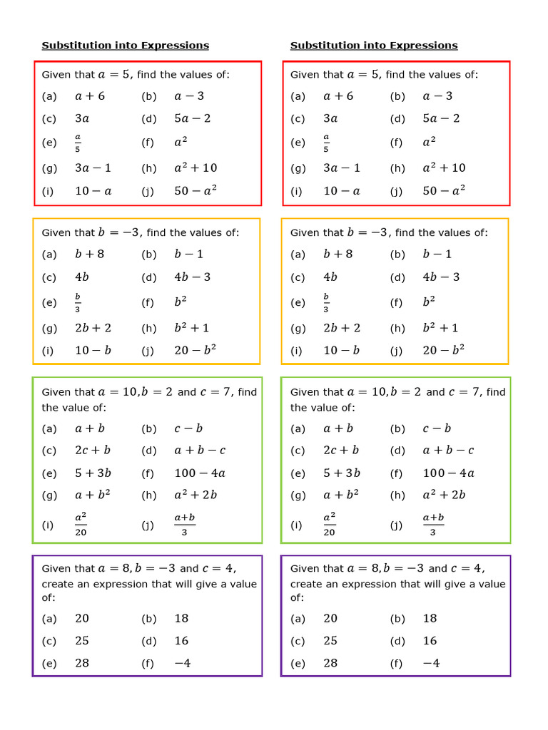 Substitution into Expressions Practice | PDF