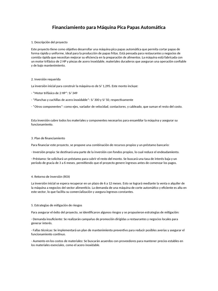 Financiamiento para Máquina Pica Papas Automática | PDF