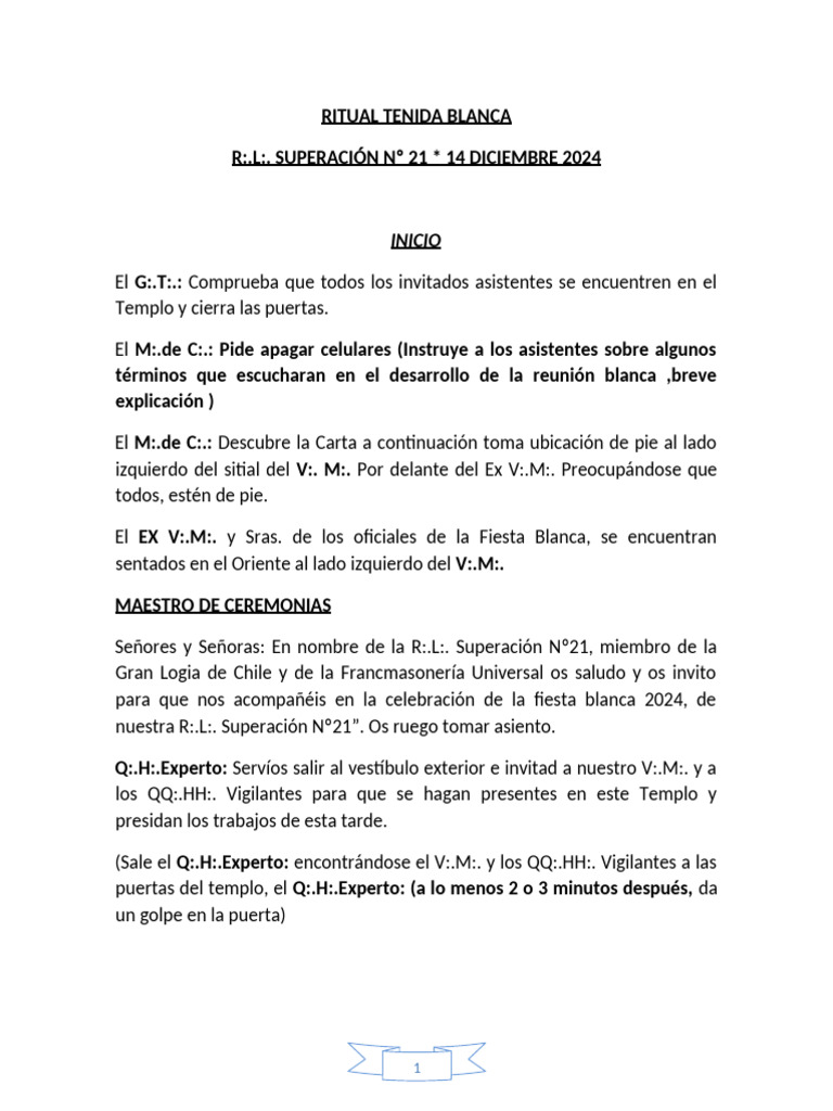 RITUAL TENIDA BLANCA - 2024 - v1. - 14-12-2024 | PDF | Masonería | Dignidad