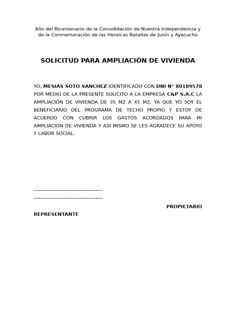 Solicitud de Ampliación de Vivienda | PDF