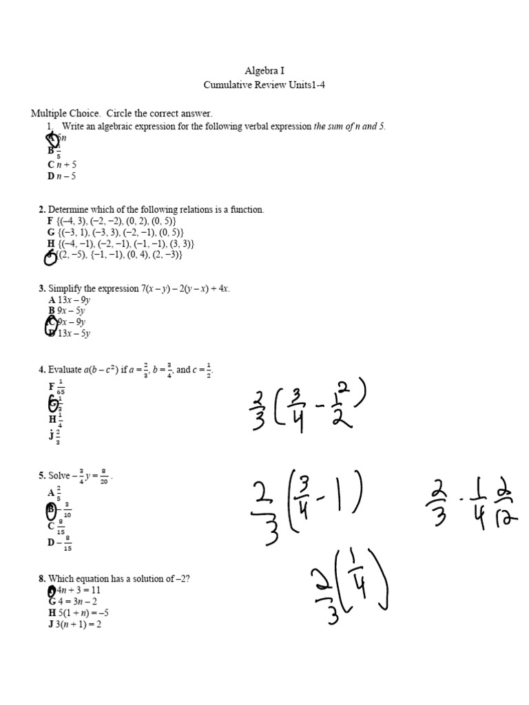 Algebra I Cumulative Review Units 1-4 | PDF | Algebra | Mathematical ...