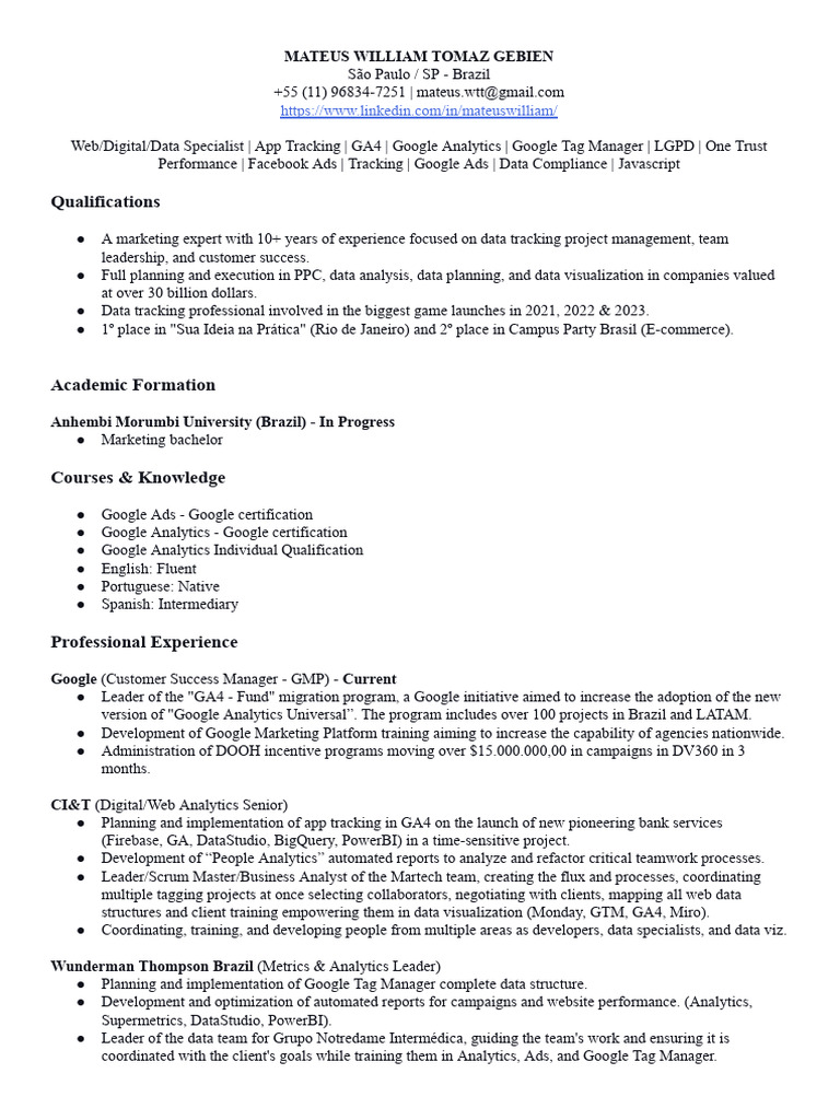 Mateus William - Curriculum - 2023 - EN | PDF | Analytics | Customer ...