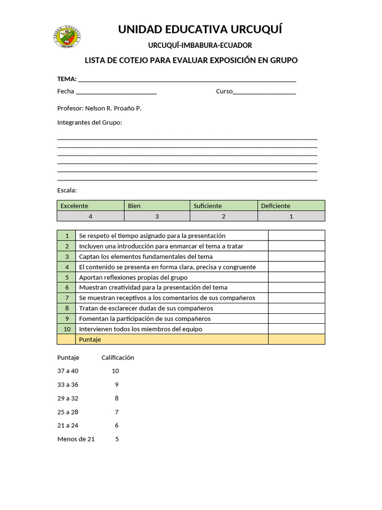 Lista de Cotejo para Evaluar Exposición en Equipo | PDF