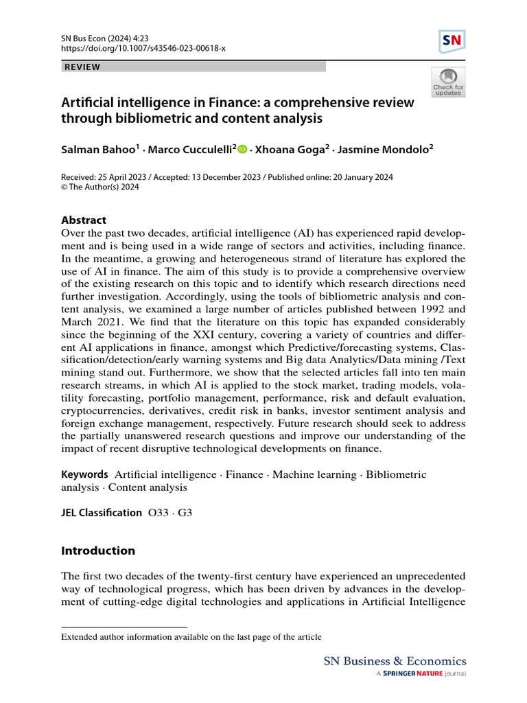 Artificial intelligence in Finance: a comprehensive review through bibliometric and content ...