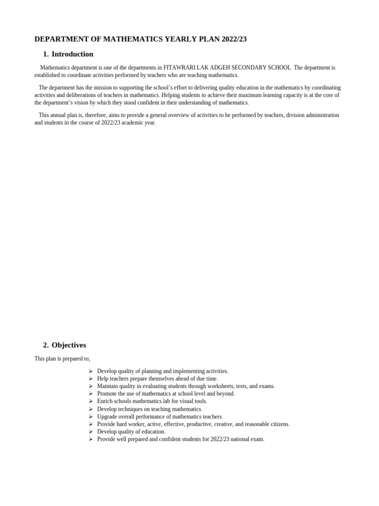 Mathematics Department Annual Plan 2022/23 | PDF | Teachers | Mathematics