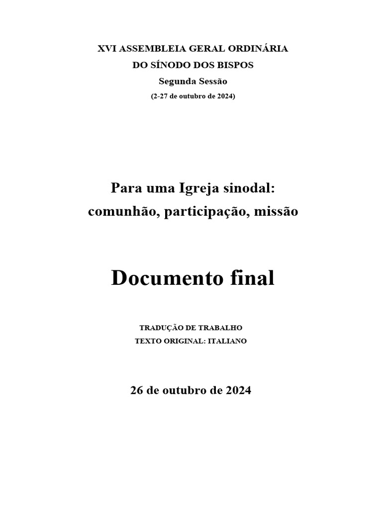 DOCUMENTO FINAL DO SÍNODO | PDF | Eucaristia | Igreja cristã