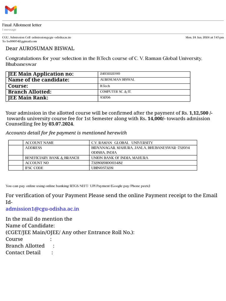Gmail - Final Allotment Letter | PDF