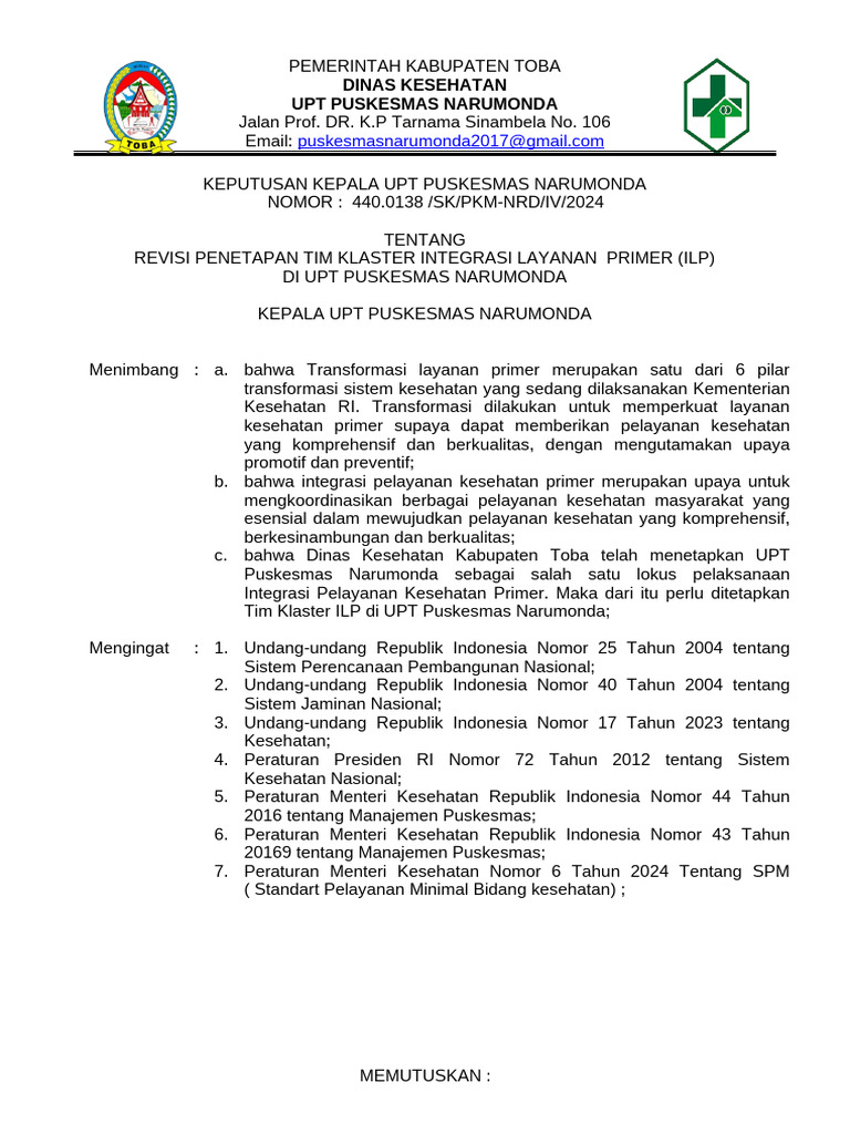 SK KLASTER ILP PUSKESMAS NARUMONDA | PDF