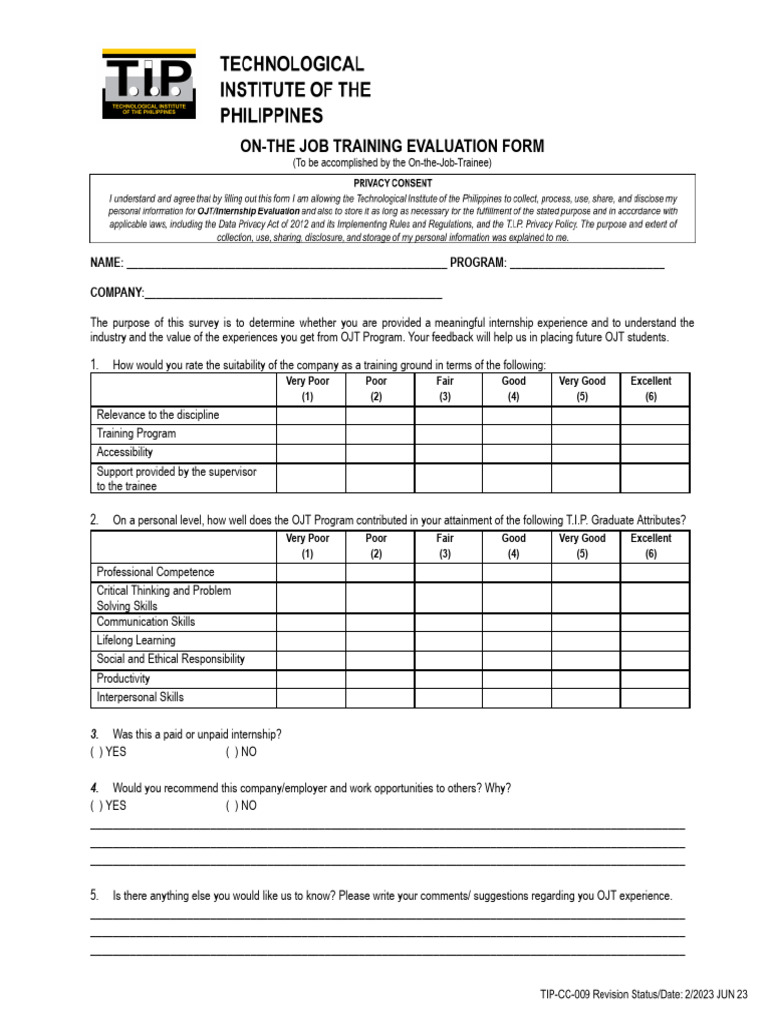 Tip-Cc-009 Ojt Intership Evaluation Form | PDF | Internship | Job Hunting