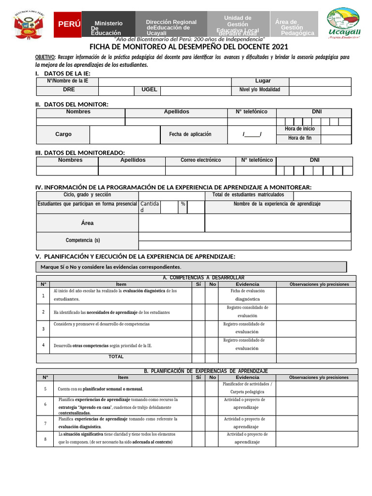 Ficha de Monitoreo Al Desempeño Del Docente | PDF | Aprendizaje | Evaluación