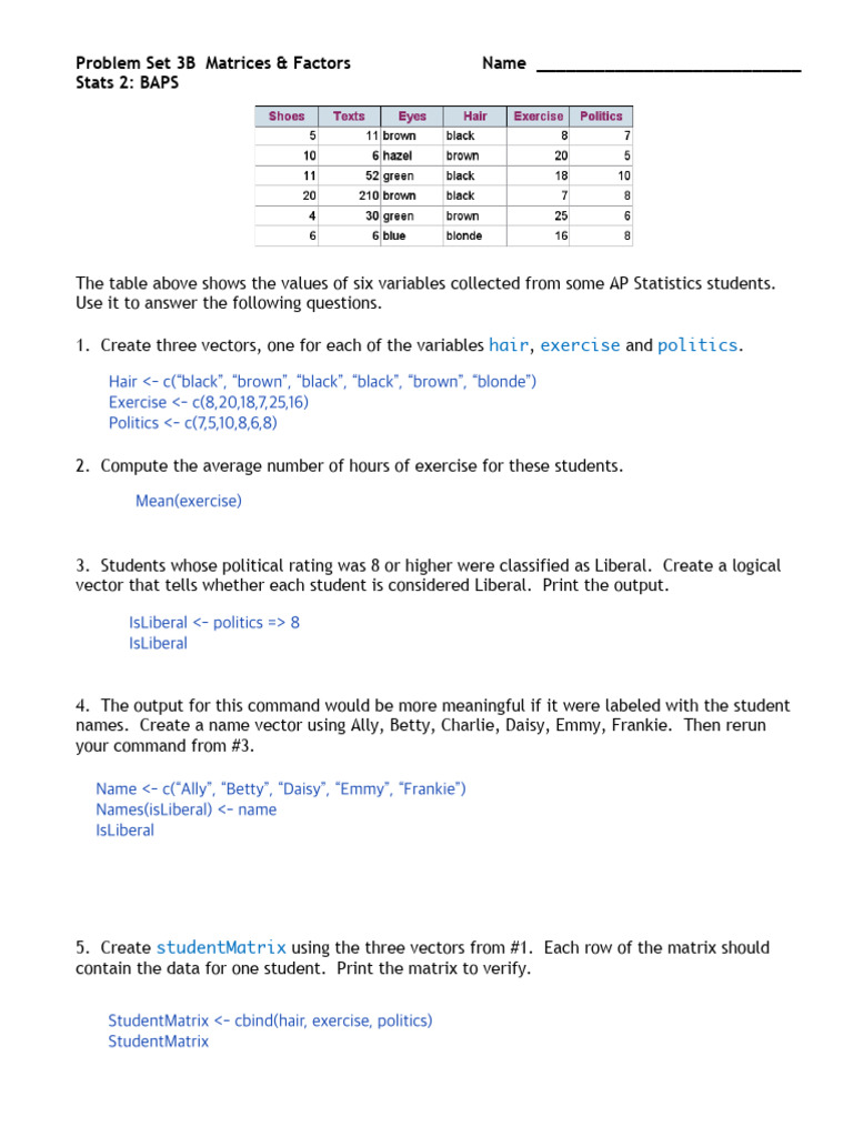 Problem Set 3B Matrices, Factors | PDF Problem Set 3B Matrices, Factors | PDF