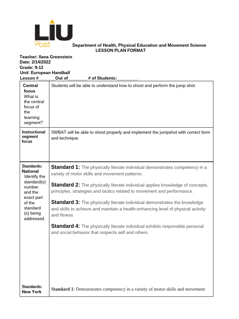 Team Handball Lesson Plan- tech | PDF | Lesson Plan | Physical Education