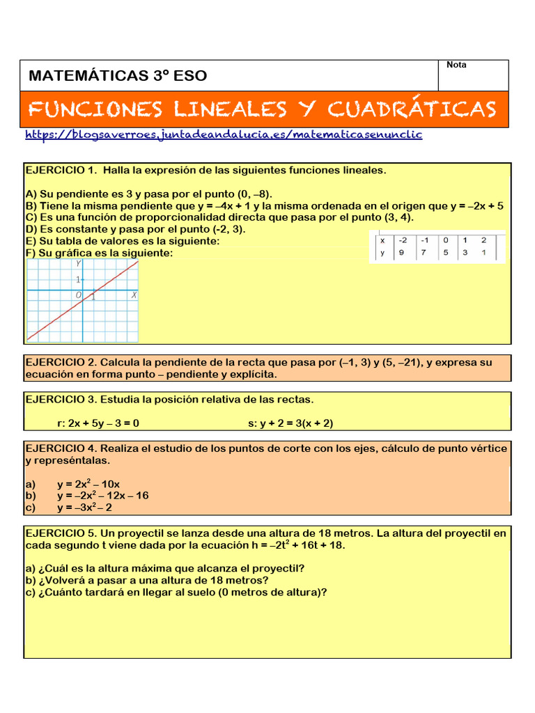 Examen Funciones Lineales y Cuadraticas 3eso 2 | PDF