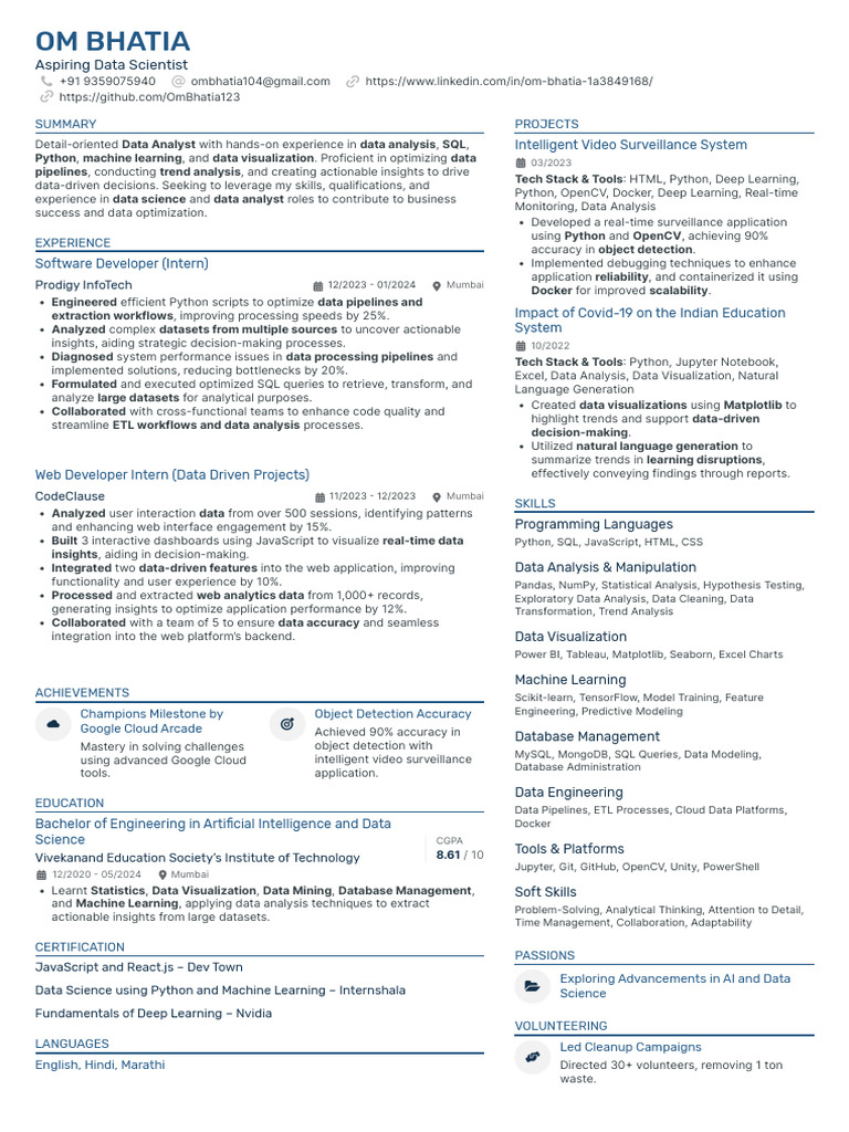 Om's Resume Updated - Data Analyst | PDF | Data Science | Data Analysis