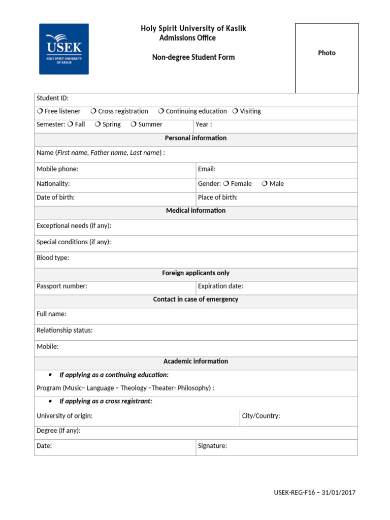 Non Degree Student Form | PDF