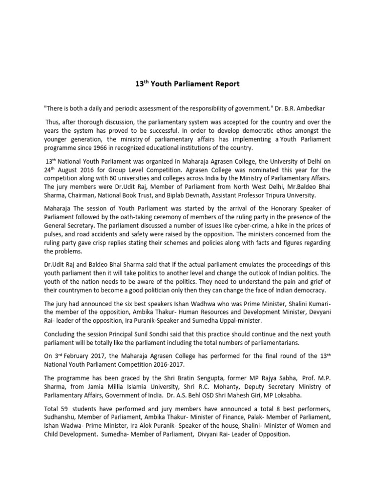 Youth Parliament Reports | PDF | Government | Government Institutions