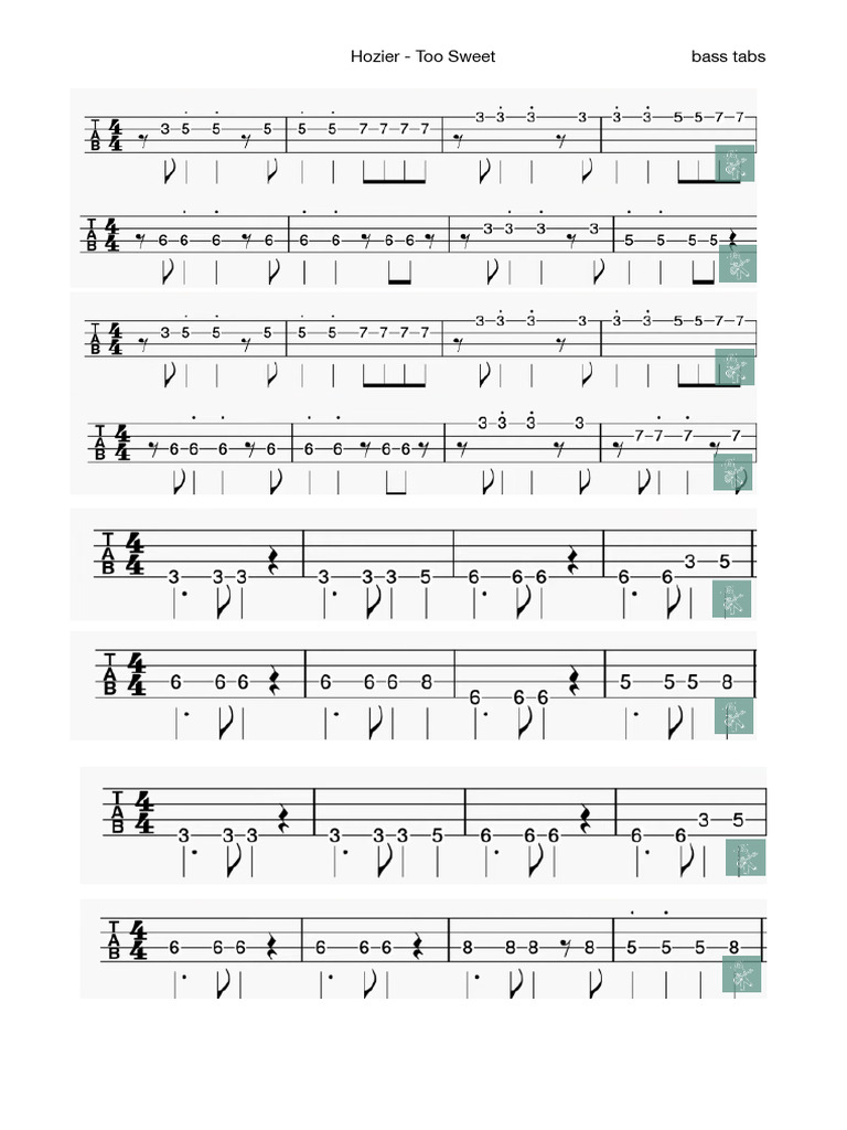 Hozier - Too Sweet Bass Tabs | PDF