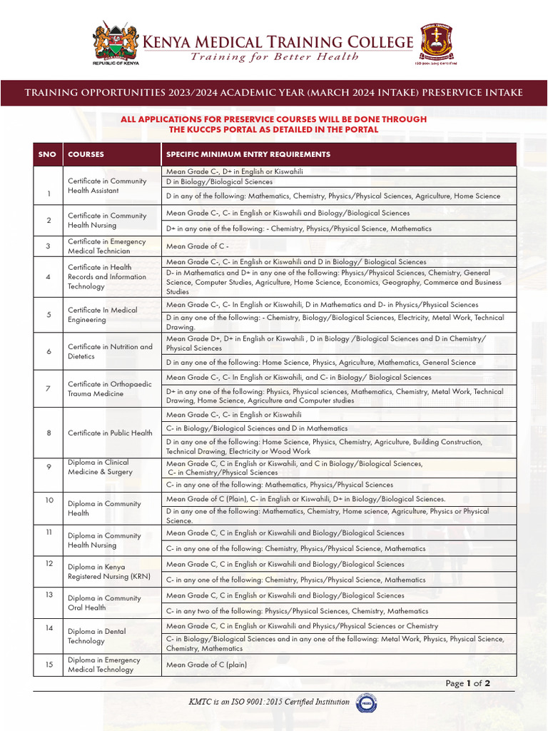 KMTC 2024 Course Offerings Guide | PDF | Science | Dietitian