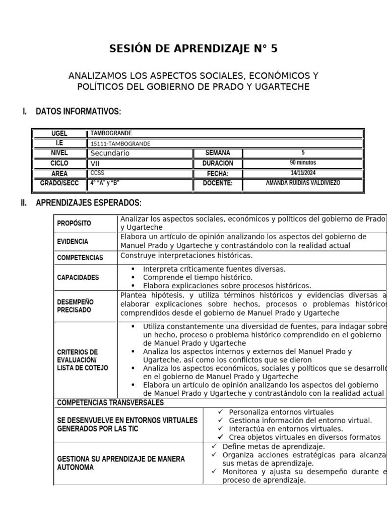SESION CCSS 4° SEC-SEMANA 05 UNI 7 | PDF | Aprendizaje | Evaluación