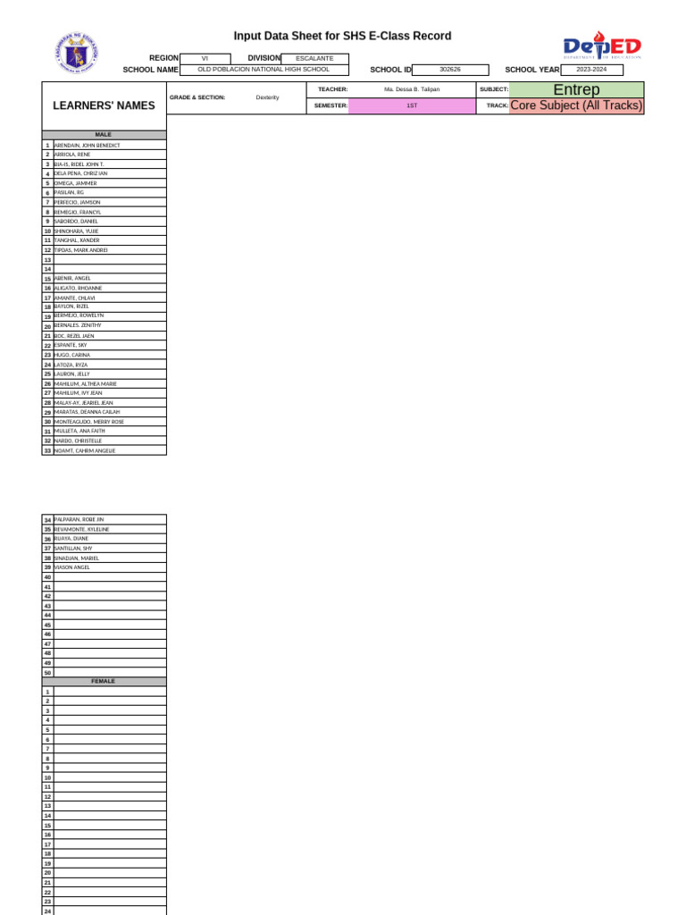SHS E-Class Record for Entrep 2023-24 | PDF