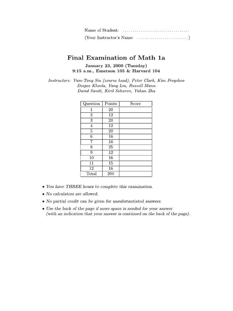 Final Examination of Math 1a | PDF