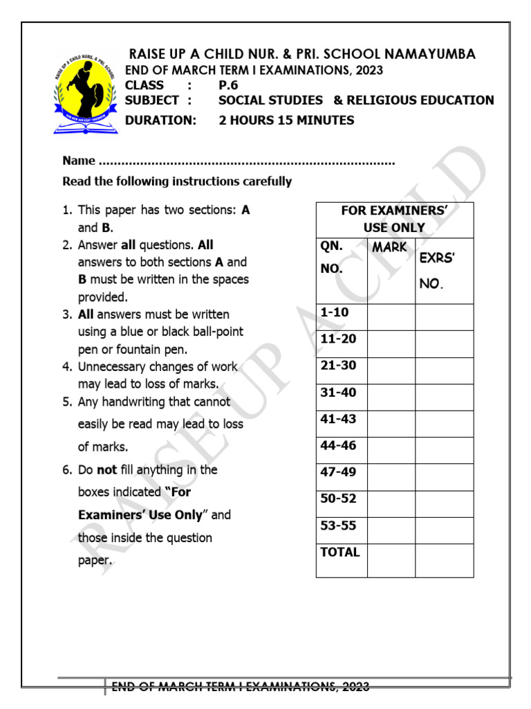 P.6 Social Studies Exam March 2023 | PDF | Earth Sciences