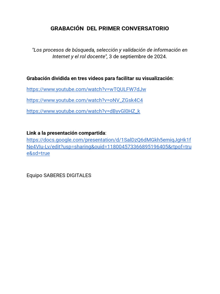 Grabacion Del Primer Conversatorio 3-09-2024 | PDF