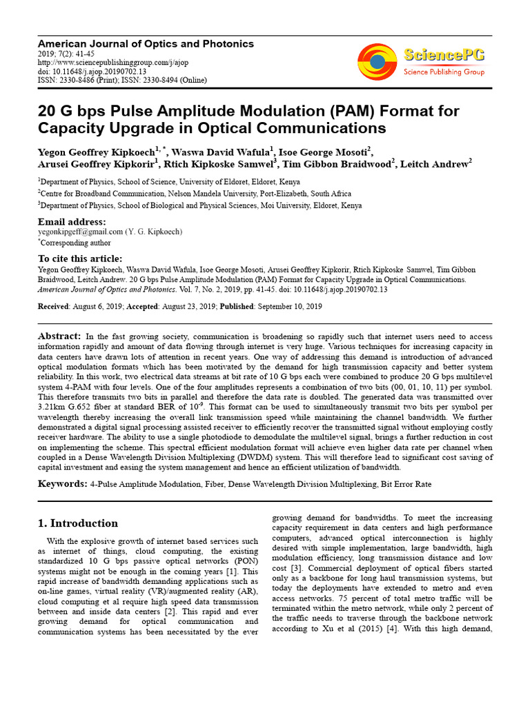 20 G Bps Pulse Amplitude Modulation PAM | PDF | Fiber Optic Communication | Wavelength Division ...