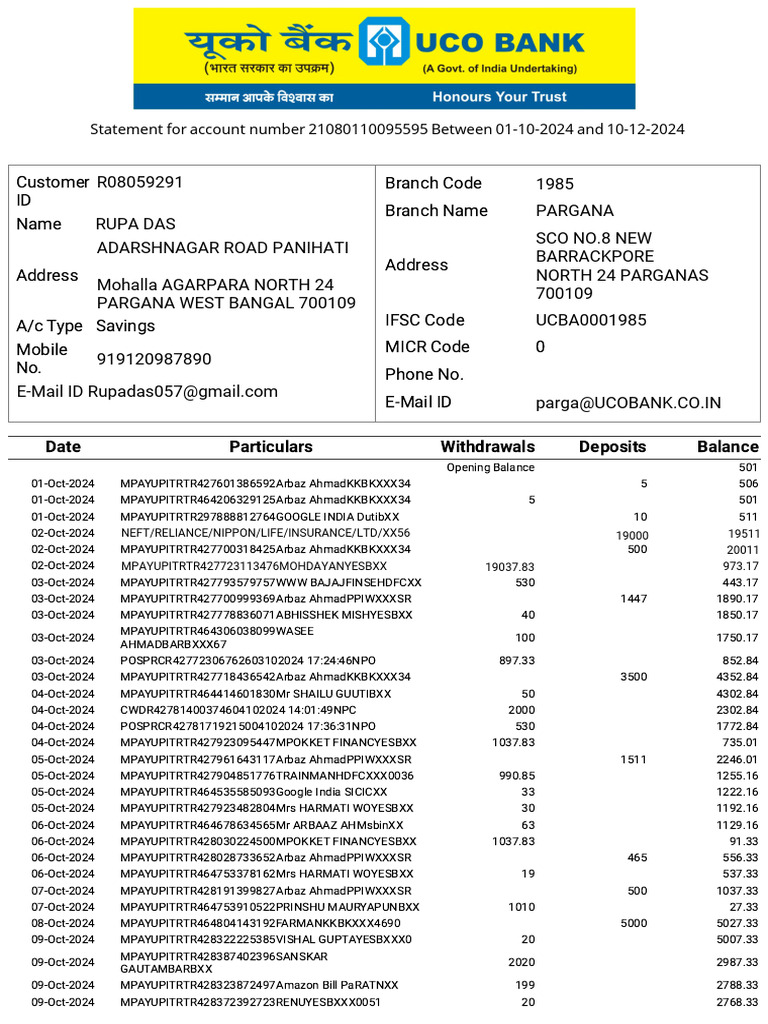 Customer Transaction Statement 2024 | PDF | Banking | Financial Services